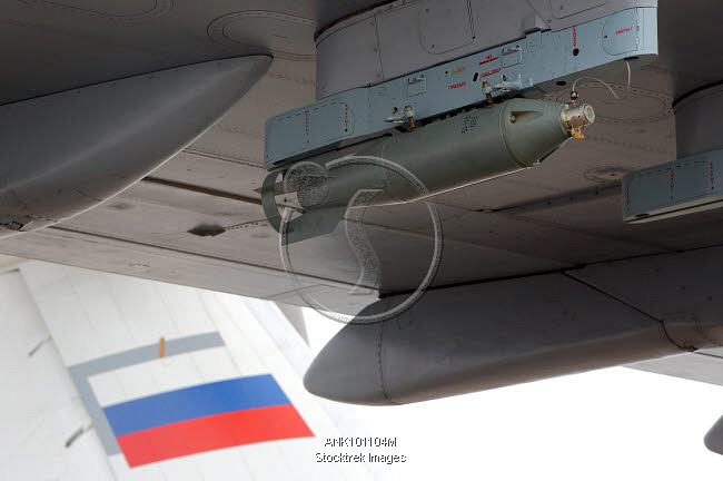 Bomb under the wing of an IL-76MD military transport aircraft of the ...