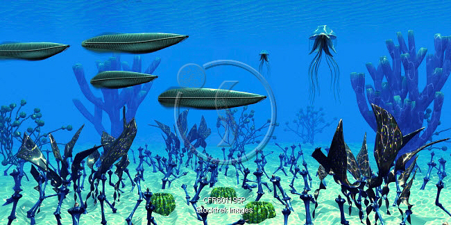 Four Pikaia predatory arthropods search for prey in Cambrian Seas ...