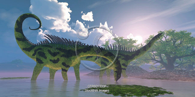 Agustinia dinosaurs graze in a wetland swamp full of Banyan trees ...