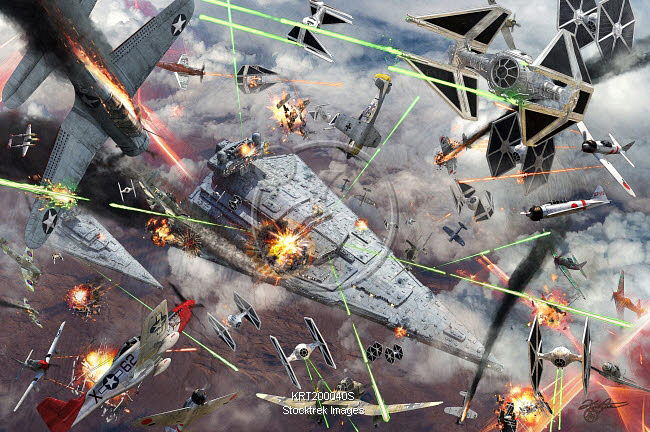 WW2 planes attacking Star Wars Star Destroyer and TIE fighters ...