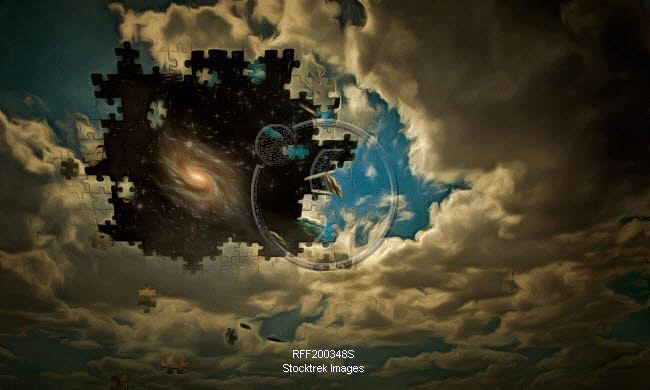 Surreal digital art. Clouds are falling apart on a pieces of puzzle ...