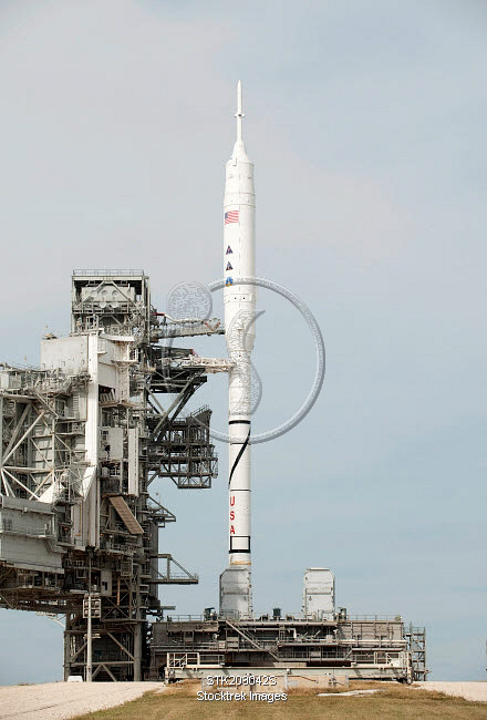 The Ares I-X rocket is seen on the launch pad at Kennedy Space Center ...