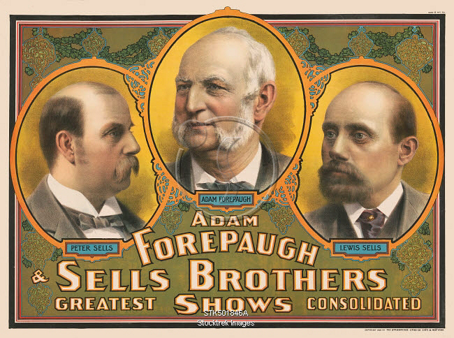 Vintage circus poster showing bust portraits of Peter Sells, Adam ...