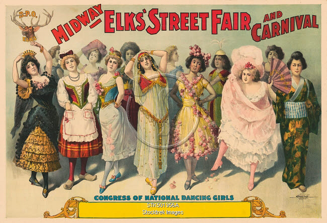 Vintage circus poster showing women in national costume, circa 1899 ...