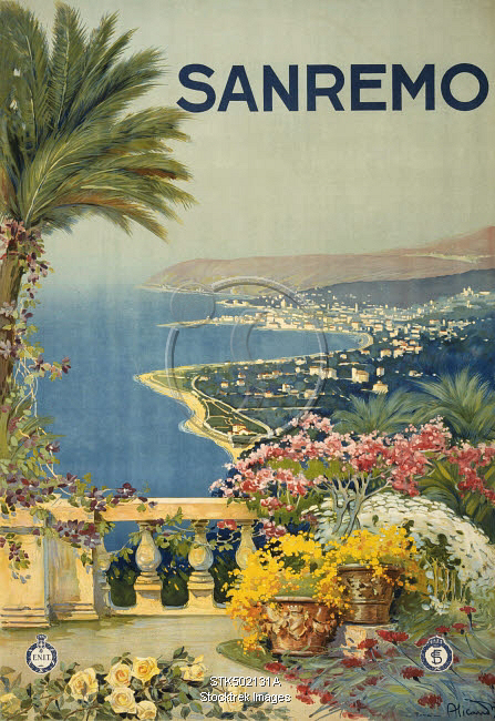 Vintage travel poster showing the coastline of Sanremo from a terrace ...