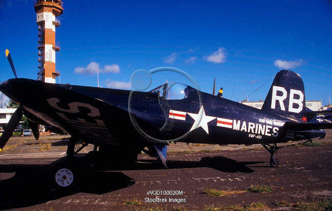 A side view of a U.S. Marine Corps F4U Corsair World War II aircraft ...