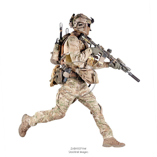 Army soldier in camouflage battle uniform, running with assault rifle ...